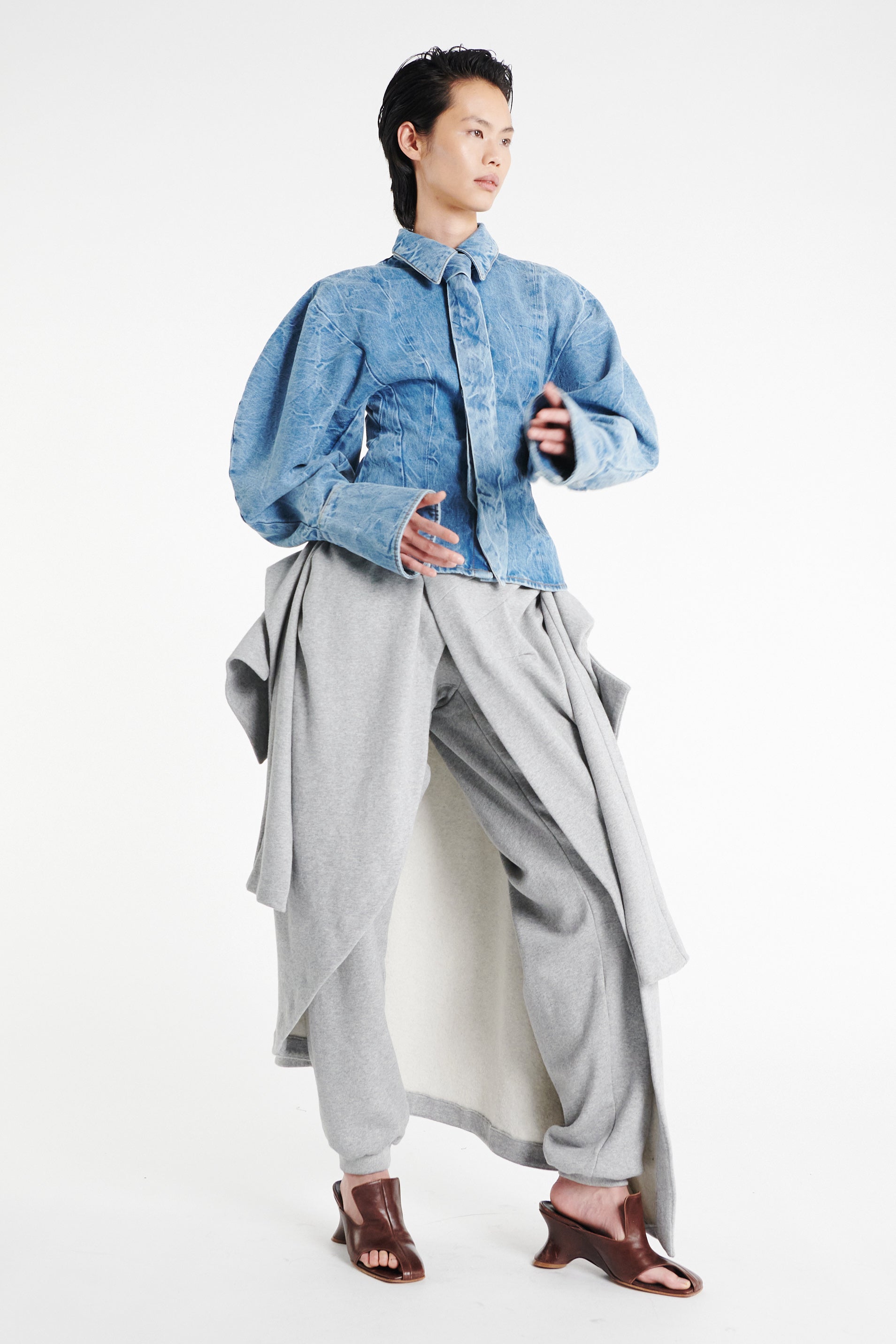 Acid Wash Denim Puff Sleeve Shirt Indigo Acid Wash | Luxury Womenswear ...
