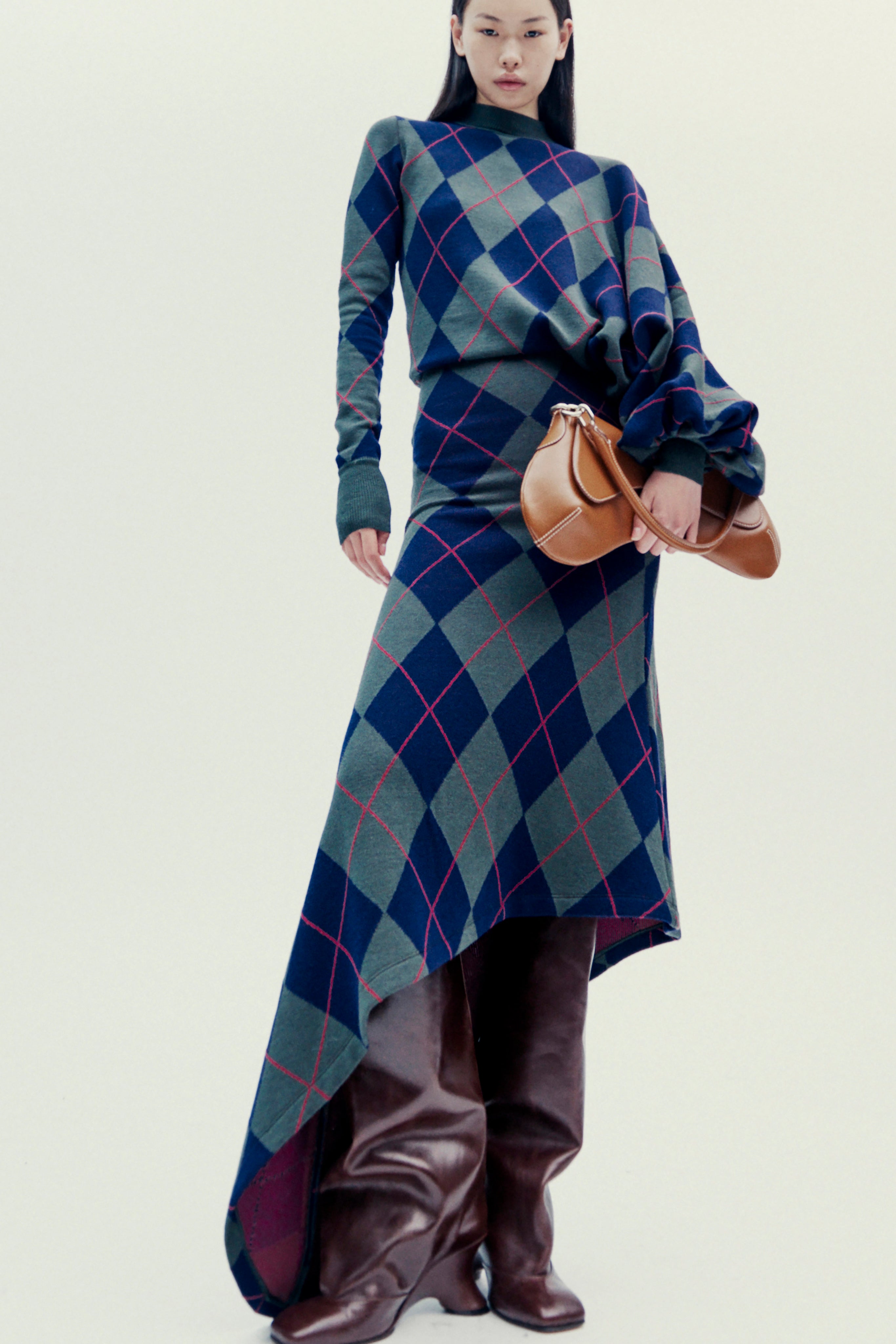 Argyle Knitted Dress Navy Green | Luxury Womenswear | A.W.A.K.E MODE ...